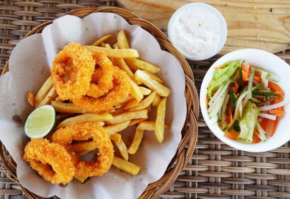 Fried Squid Rings with French Fries and Crispy Rice Crackers | Chef Reader