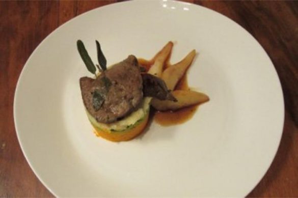 Three Kinds of Puree with Fine Veal Liver with Sage, Red Wine Sauce and ...