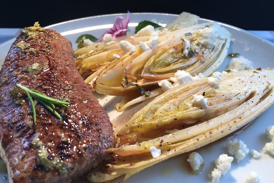 Lamb fillet with mint-lemon butter and grilled chicory | Chef Reader